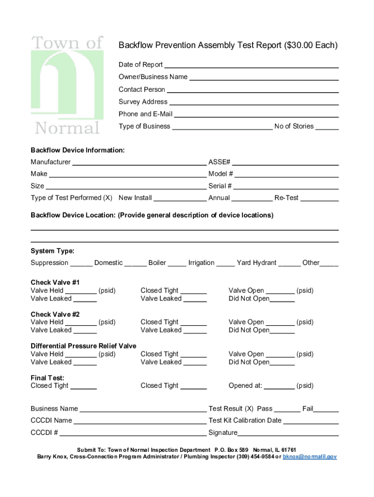 Fillable Online Backflow Prevention Assembly Test Report ($30.00 Each ...