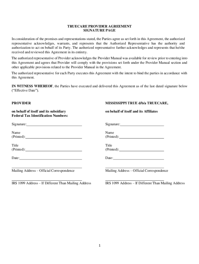 Fillable Online Truecare Provider Agreement Signature Page Sample ...