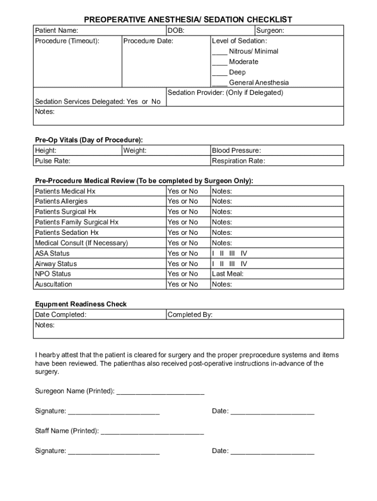Fillable Online Pre-Operative Sedation/Anesthesia Checklist - Hebron ...