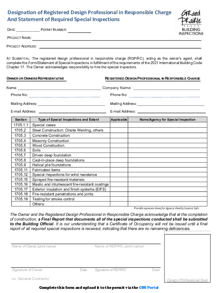 Fillable Online designation-and-required-special-inspection-form ...