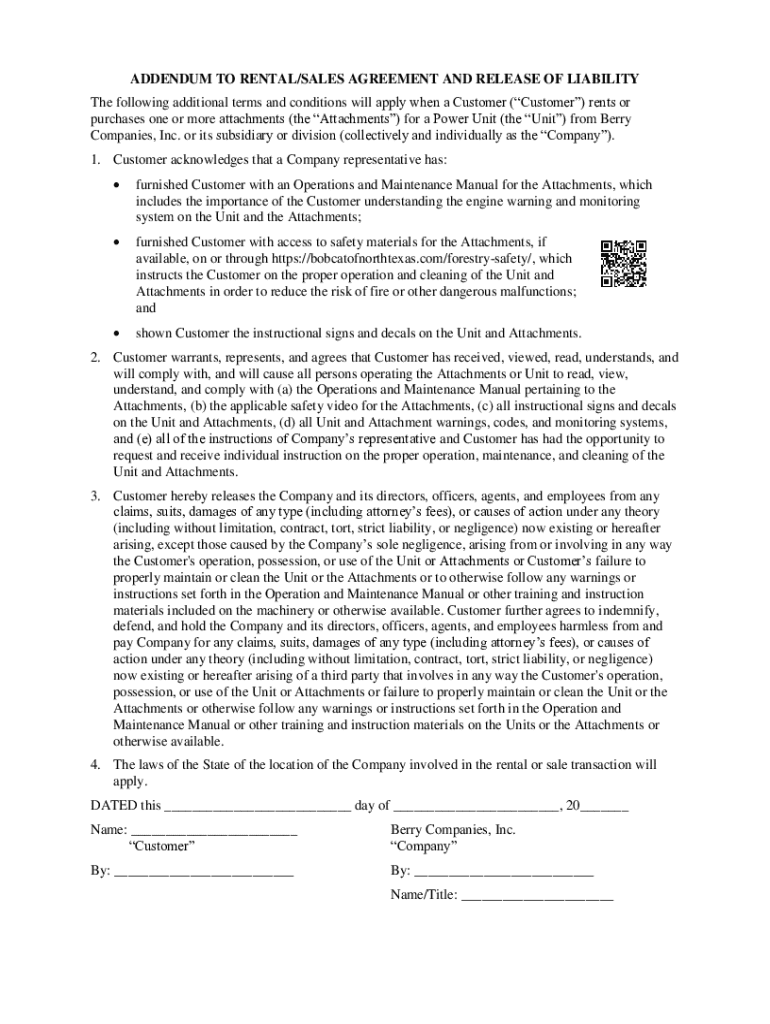 Fillable Online addendum to rental/sales agreement and release of liability Fax Email Print ...