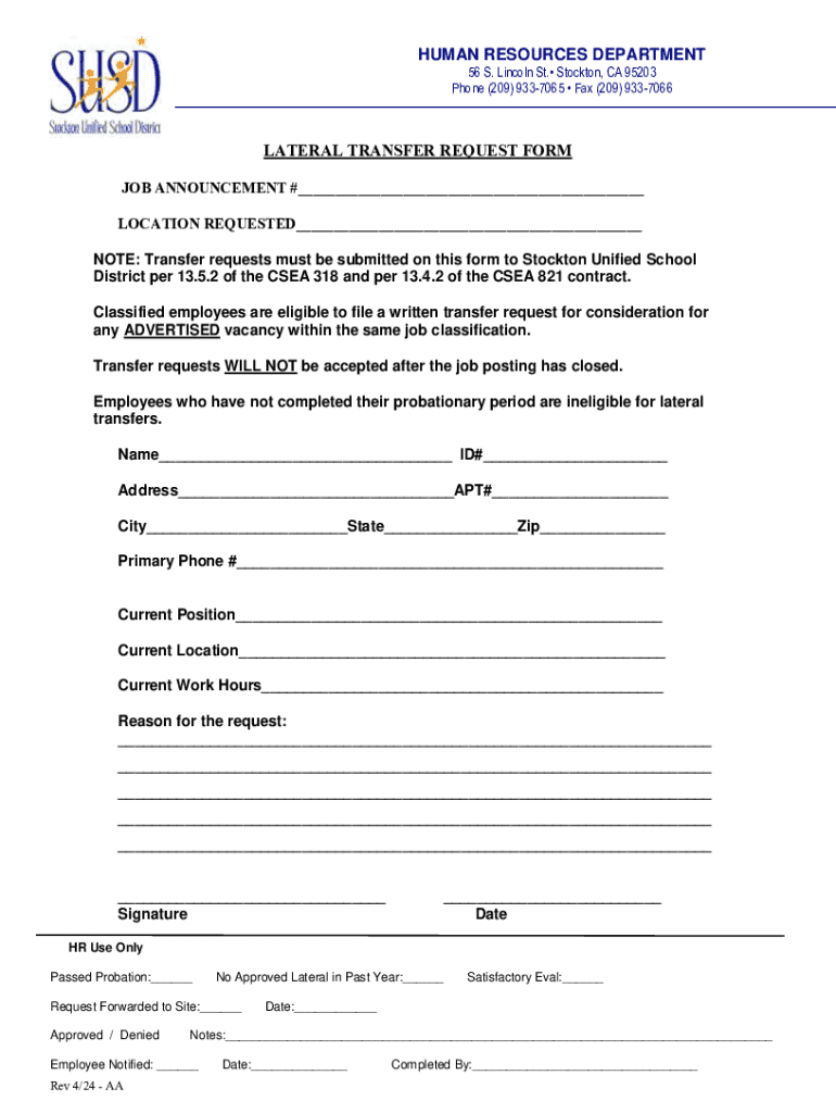 Fillable Online LATERAL TRANSFER REQUEST FORM HUMAN RESOURCES ... Fax ...