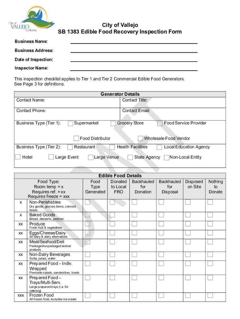 Fillable Online City of Vallejo SB 1383 Edible Food Recovery Inspection ...