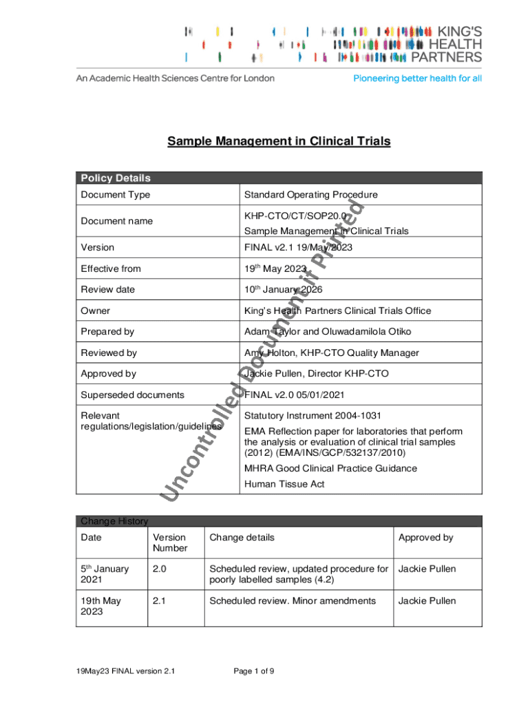 Fillable Online SOP: 20. Lab: Sample Management in Clinical Trials Fax ...