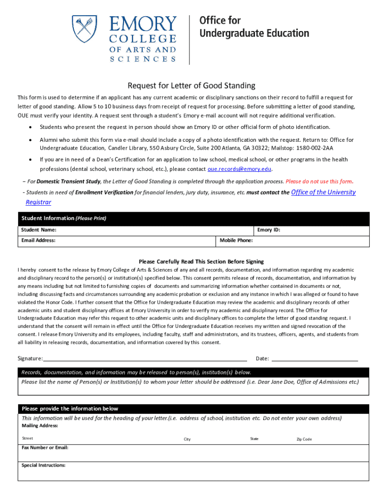 Fillable Online Request for Letter of Good Standing - Emory College Fax ...