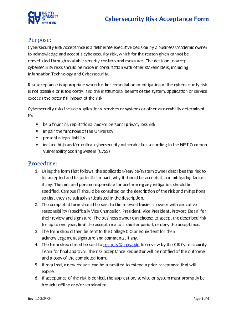 Cybersecurity Risk Acceptance Doc Template | pdfFiller