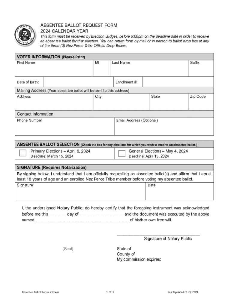 Fillable Online ABSENTEE BALLOT REQUEST FORM 2024 CALENDAR YEAR Fax ...