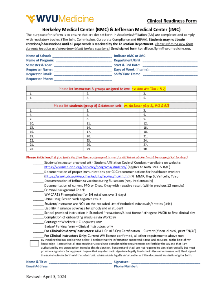 Fillable Online Clinical-Readiness-Form-BMC.JMC-. ... Fax Email Print ...