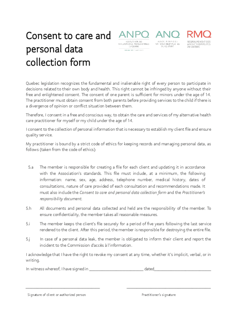 Fillable Online Consent to care and personal data collection form Fax ...