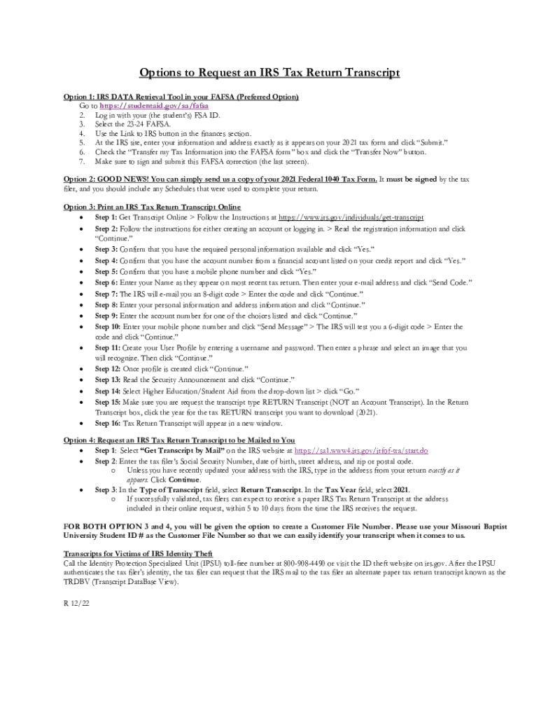 Fillable Online Requesting an IRS Tax Transcript - Financial Aid Fax ...