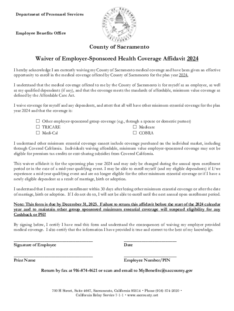 Fillable Online Waiver of Employer-Sponsored Health Coverage Affidavit ...