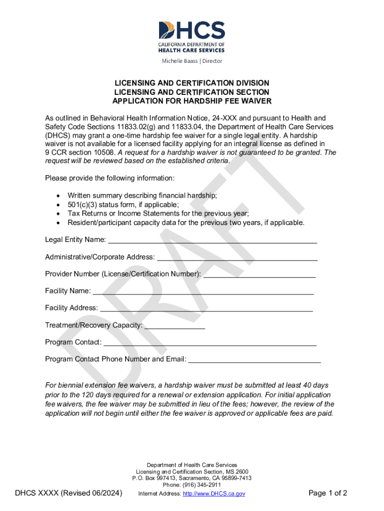 Fillable Online LICENSING AND CERTIFICATION SECTION APPLICATION FOR HARDSHIP FEE WAIVER ...