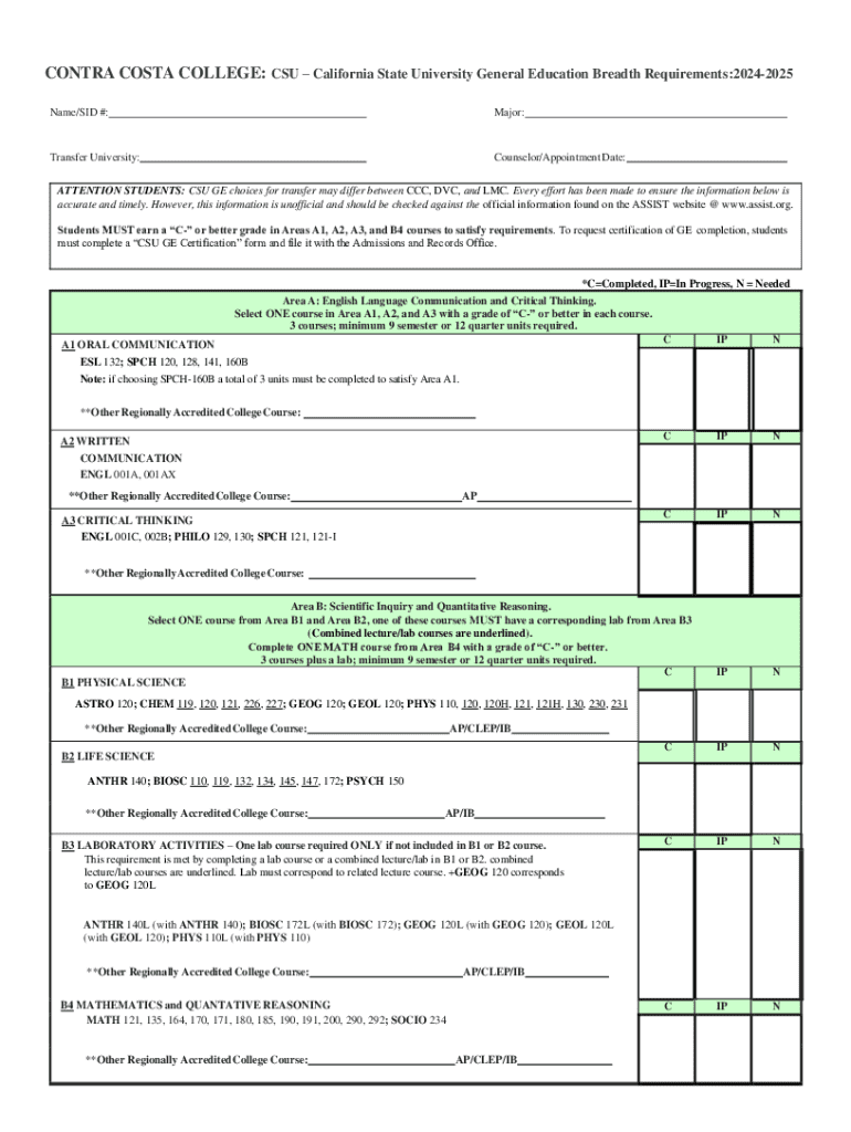 Fillable Online CONTRA COSTA COLLEGE: CSU California State University ...