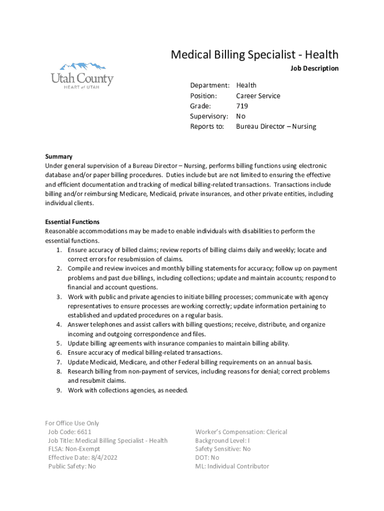 Fillable Online Billing Supervisor (Medical) Job Description Template ...