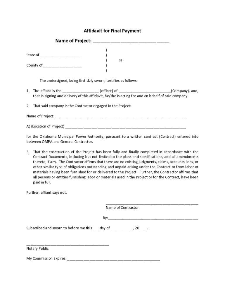 Fillable Online contractor\'s affidavit of final payment the state of texas Fax Email Print ...