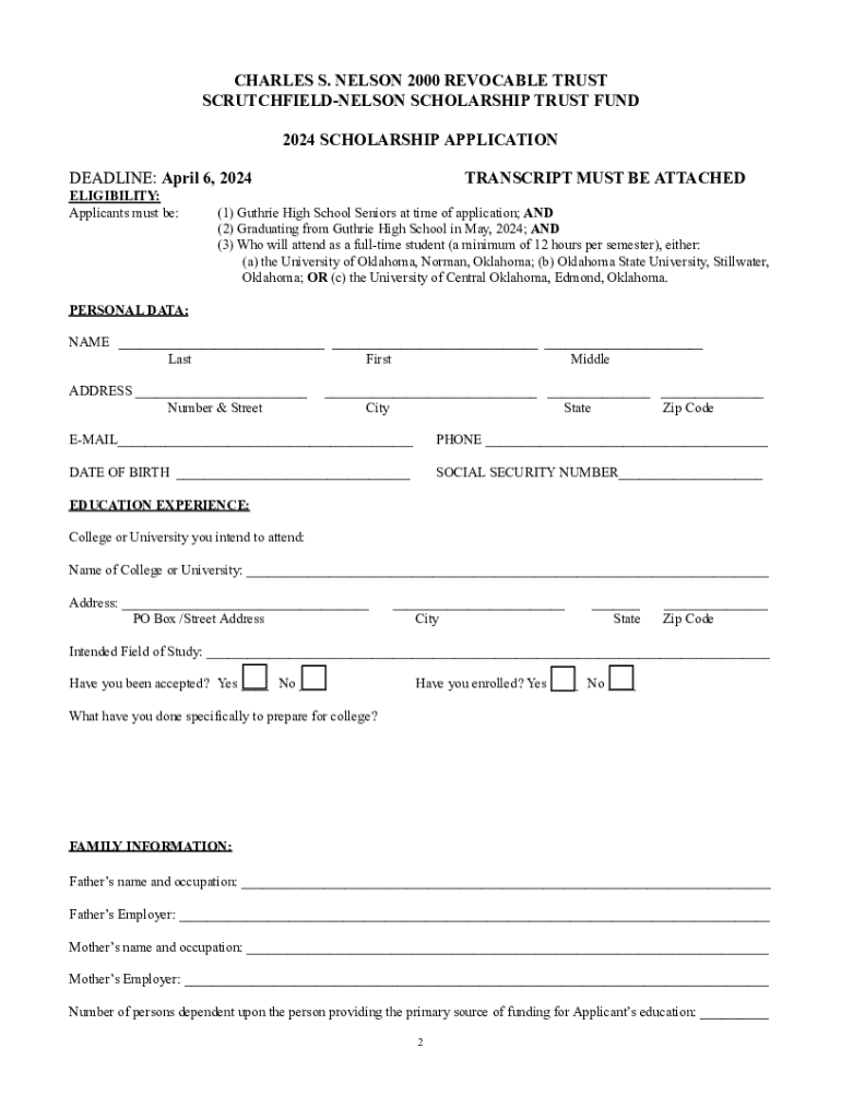 Fillable Online The Nelson Family Trust Scholarship - Connect Suite Fax ...