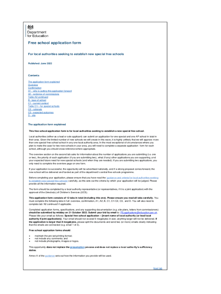 Fillable Online Free school presumption: annex B - model application ...