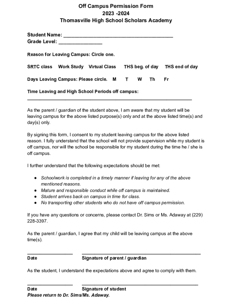 Fillable Online Off Campus Permission Form 2023 -2024 Thomasville ...