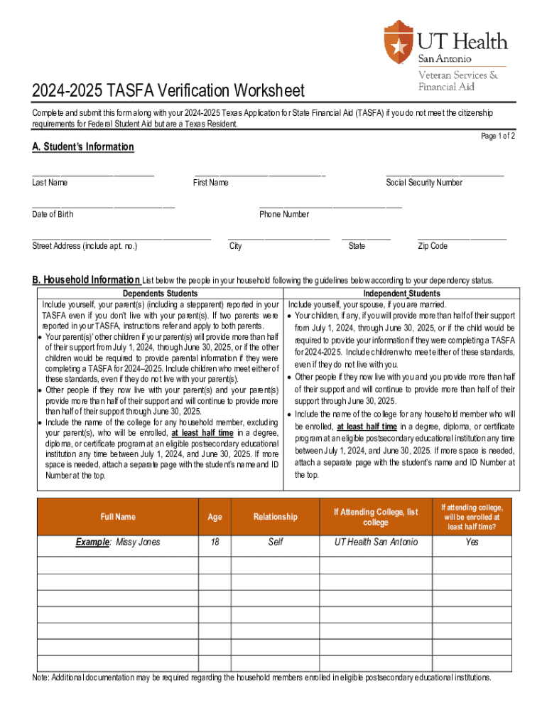 Fillable Online TASFA Verification Worksheet 2024-2025 - Student ...