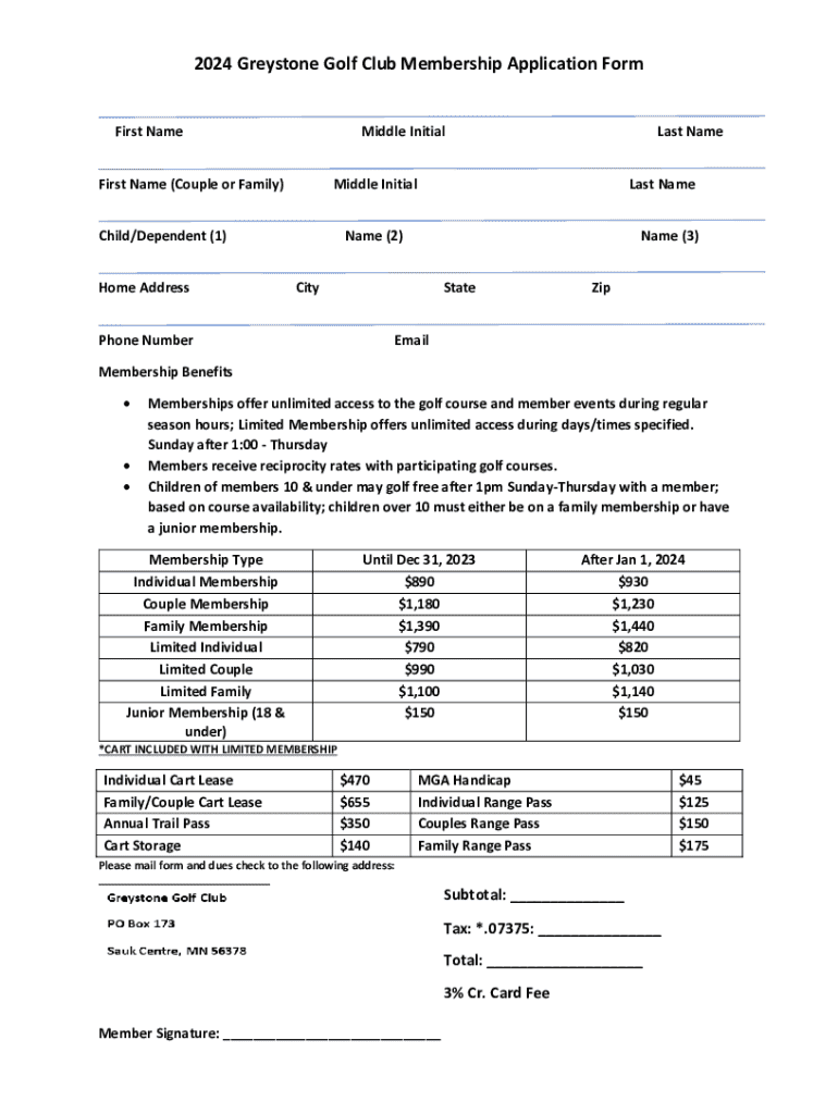 Fillable Online 2024 Greystone Golf Club Membership Application Form ...