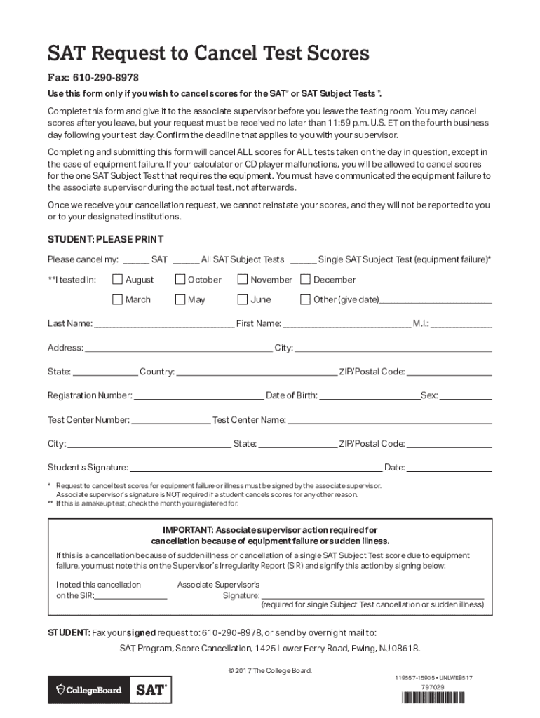 Fillable Online 2017-18 SAT Request to Cancel Test ScoresSAT Suite of ...