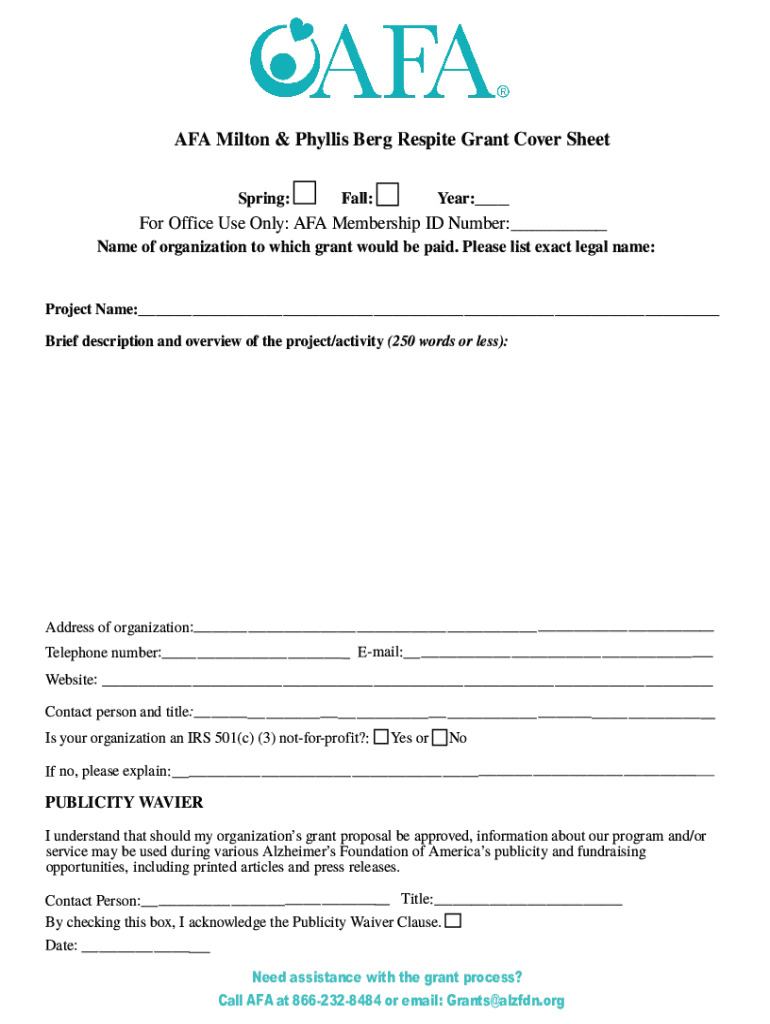 Fillable Online AFA Milton & Phyllis Berg Respite Care Grant Criteria and ... Fax Email Print ...