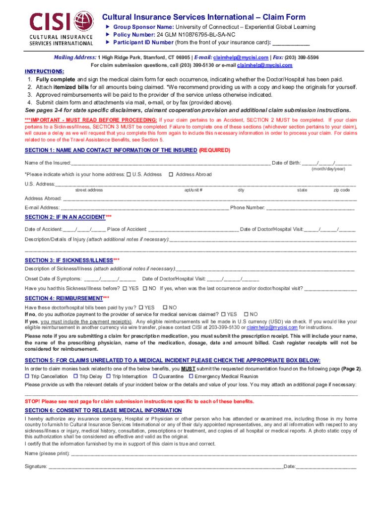 Fillable Online CISI for Business Travel - University of Connecticut ...