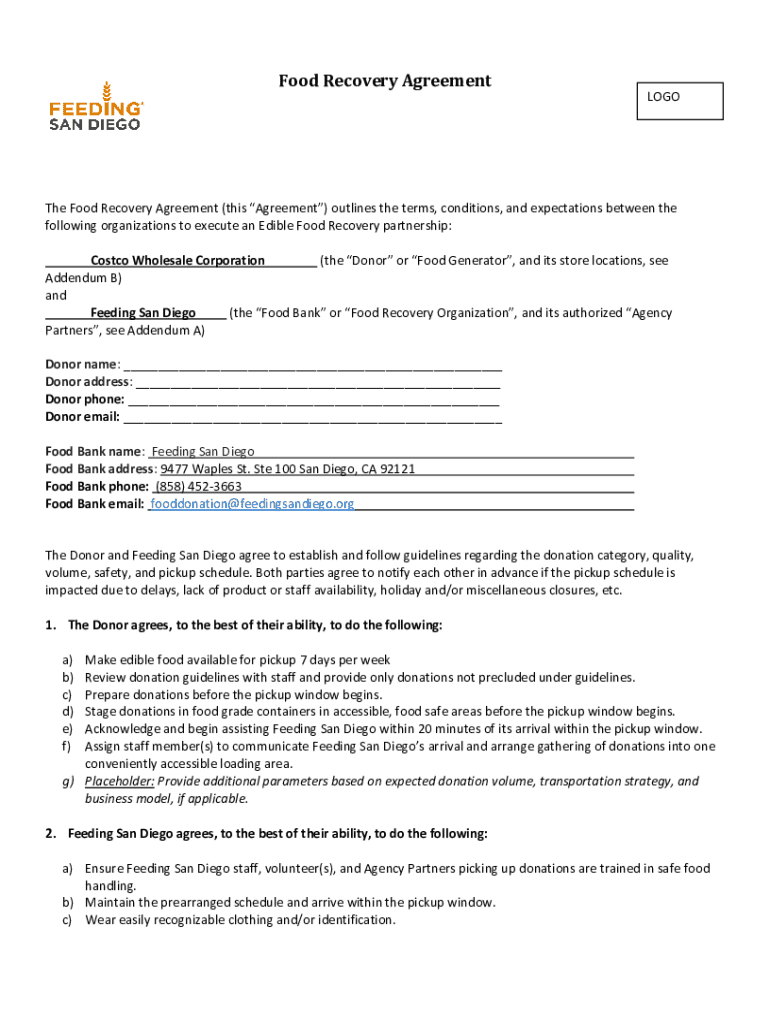 Fillable Online Template for SB 1383 Food Donation written agreement ...