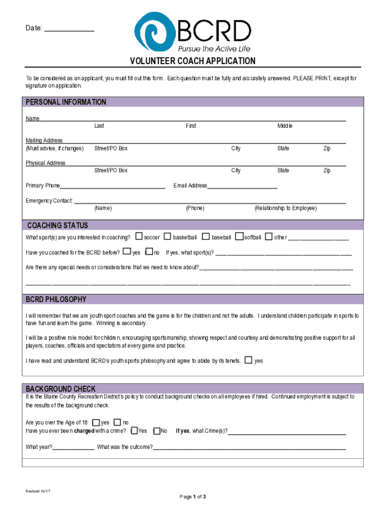 Fillable Online Volunteer Coach Application - Blaine County Recreation ...