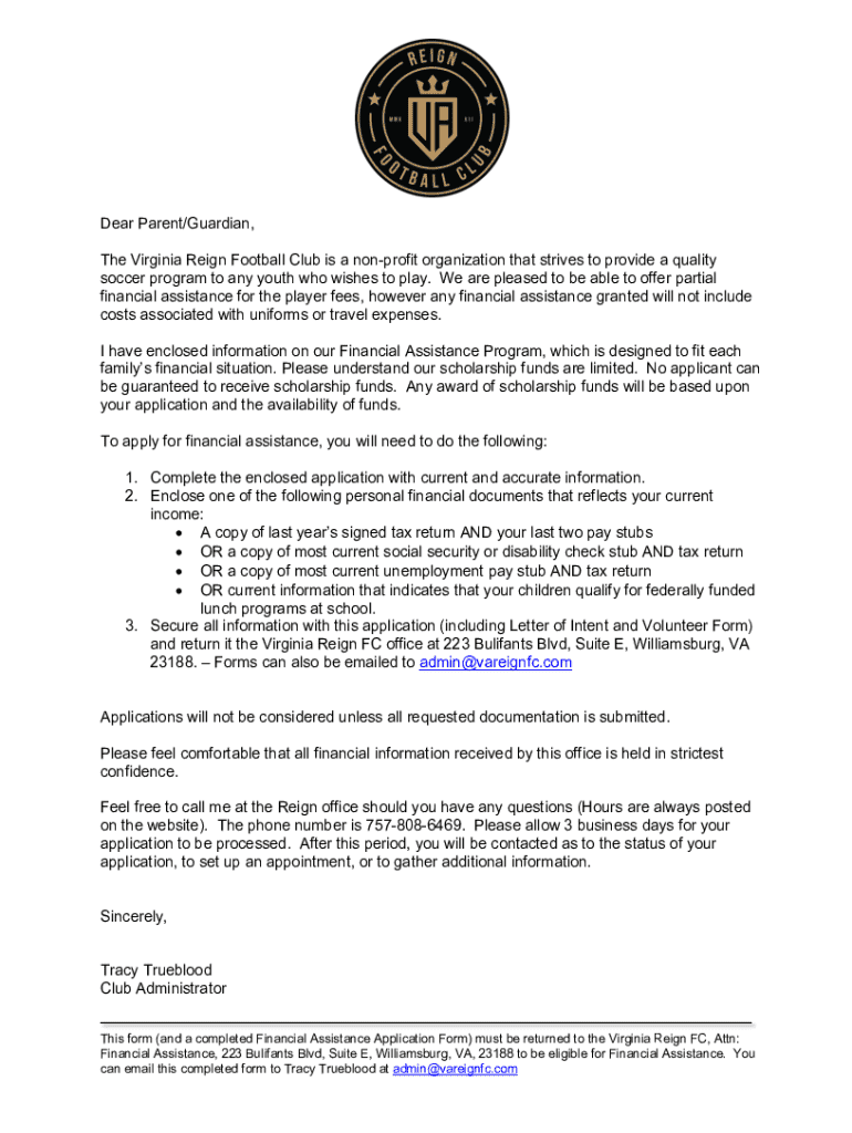 Fillable Online Dear Parent/Guardian, The Virginia Reign Football Club ...