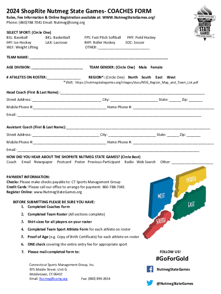 Fillable Online 2024 ShopRite Nutmeg State Games- COACHES FORM Fax ...