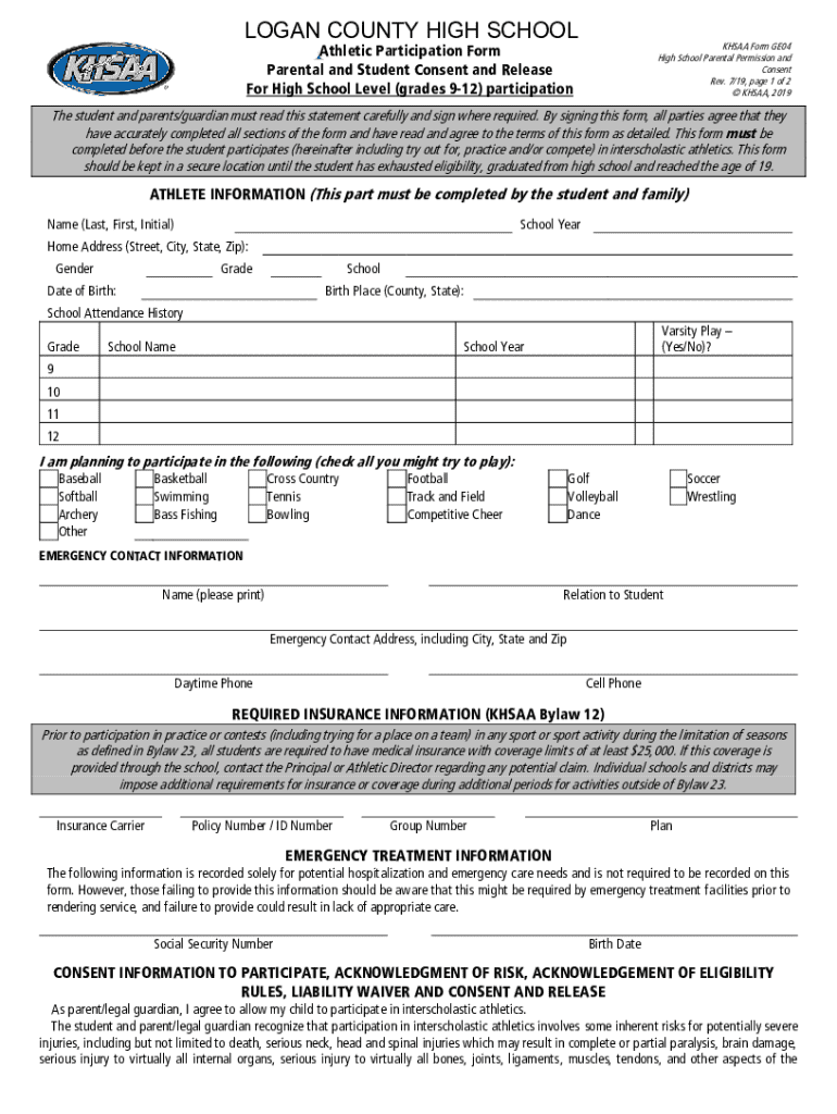 Fillable Online KHSAA Form GE04 High School Parental Permission and Fax ...