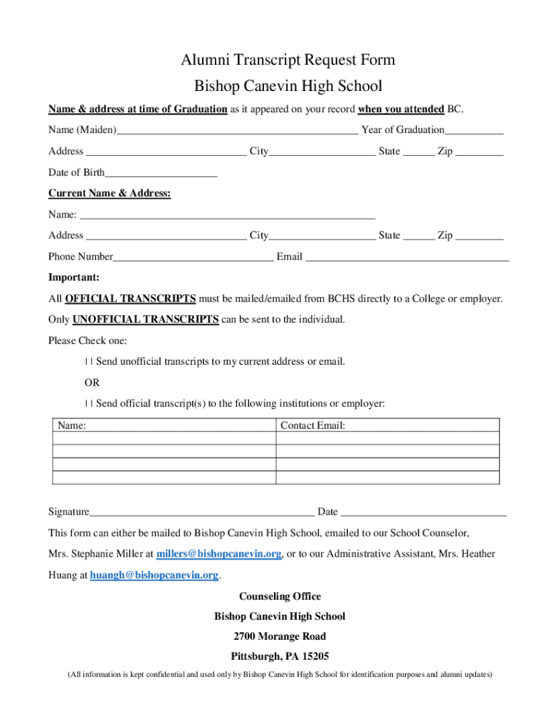 Fillable Online Alumni Transcript Request Form Bishop ... Fax Email ...