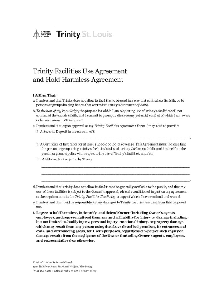 Fillable Online Trinity Facilities Use Agreement and Hold Harmless ...