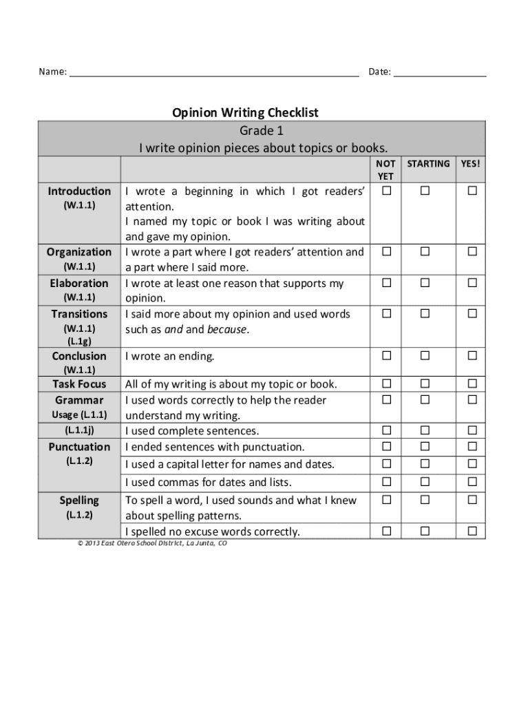 Fillable Online 1st Grade Opinion Writing Checklist.docx Fax Email ...