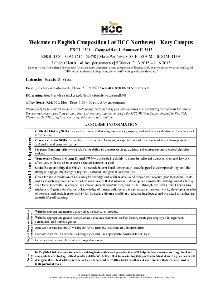 Fillable Online English Composition I at HCC NorthwestKaty Campus Fax Email Print - pdfFiller