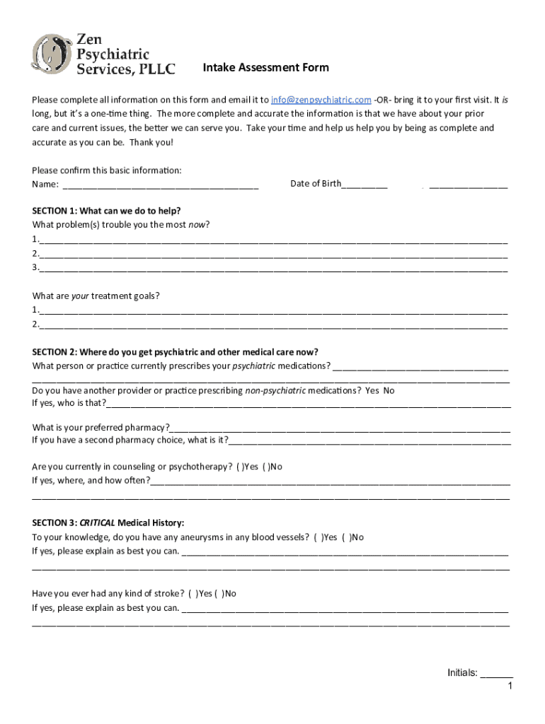 Fillable Online PATIENT INTAKE FORM Section I - Smart Psychiatric ...