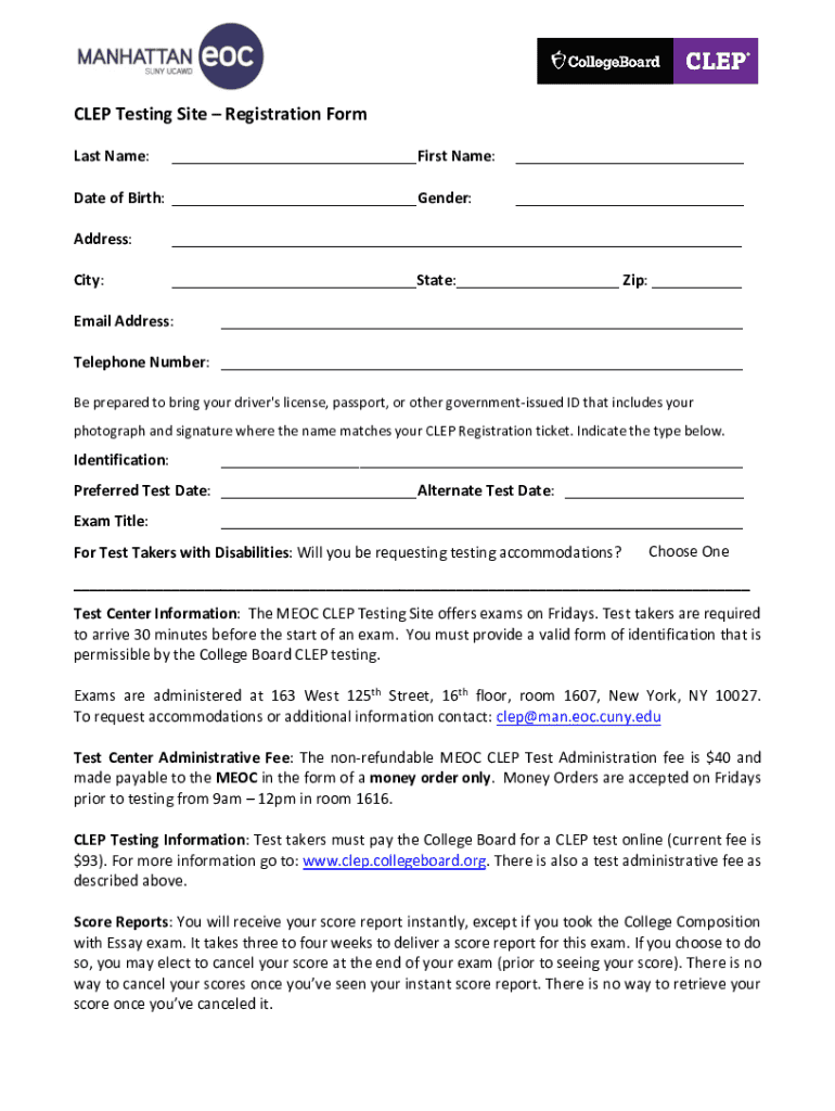 Fillable Online CLEP Testing SiteRegistration Form Fax Email Print ...