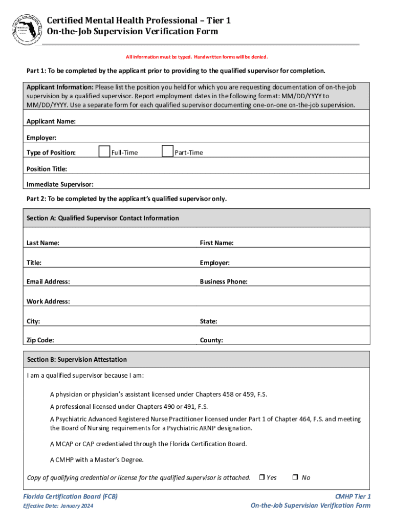 Fillable Online Tier 1 On-the-Job Supervision Verification Form Fax Email Print - pdfFiller