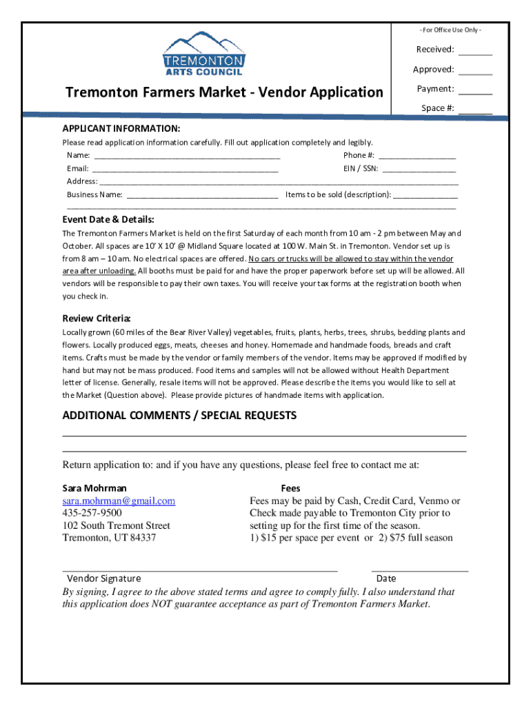 Fillable Online Application For Farmers\' Market Food Vendor Fax Email ...