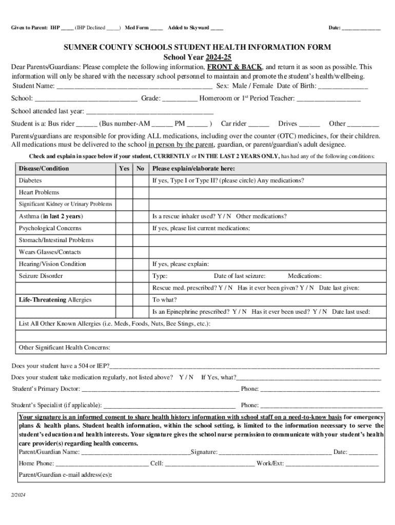 Fillable Online Complete Student Health Information Form for School ...