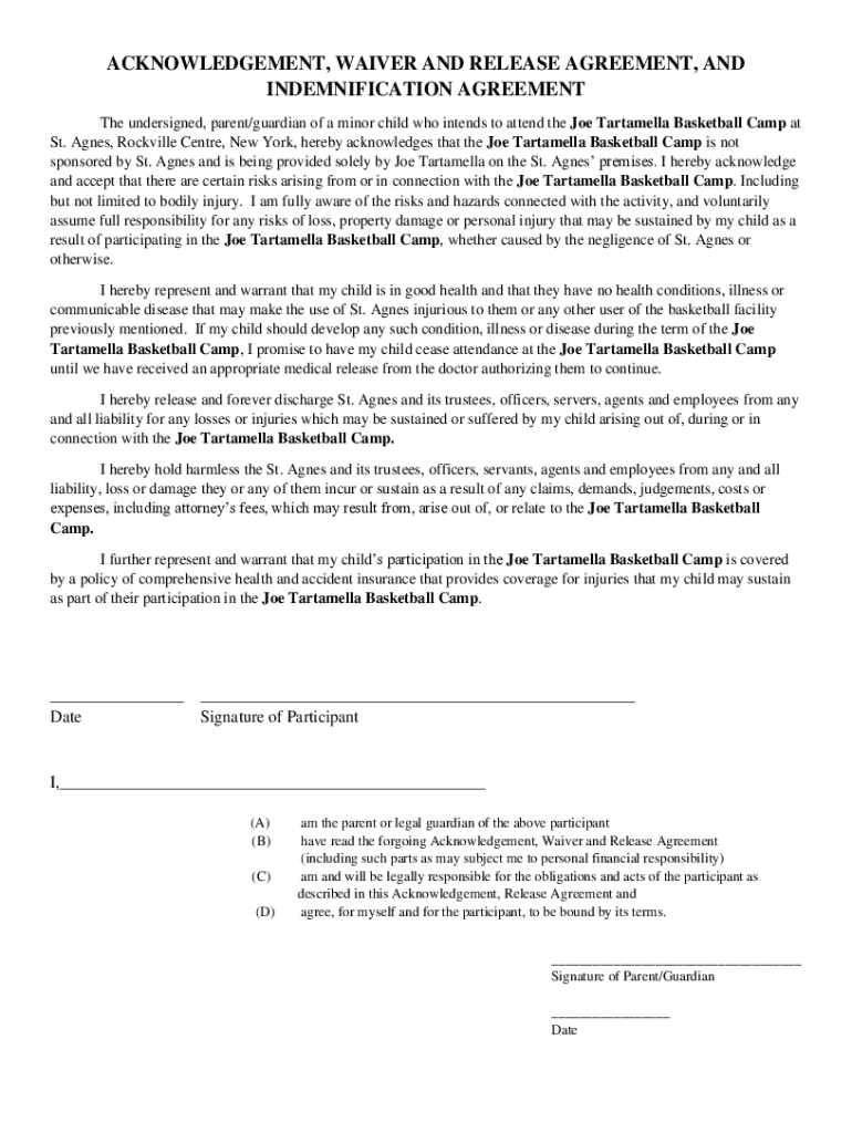 Fillable Online Acknowledgement, Waiver and Release Agreement ... Fax ...