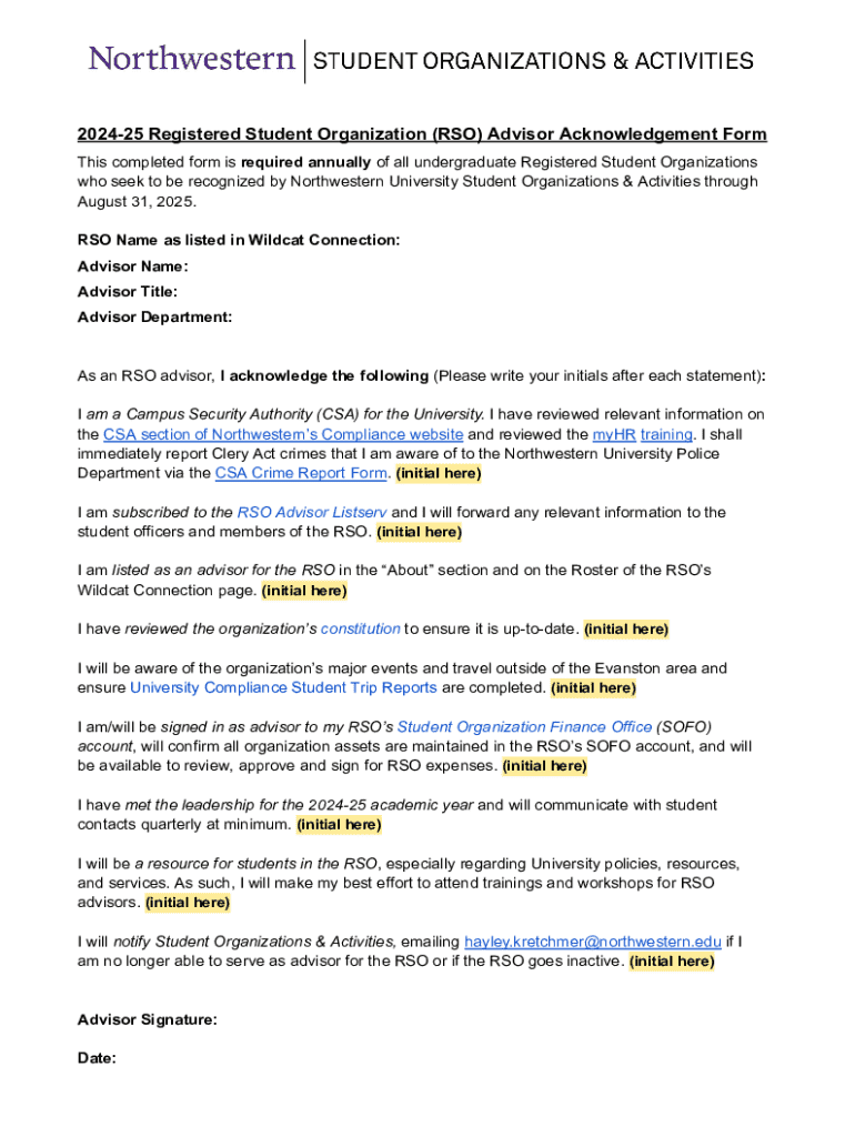 Fillable Online 2024-25 Registered Student Organization (RSO) Advisor ...