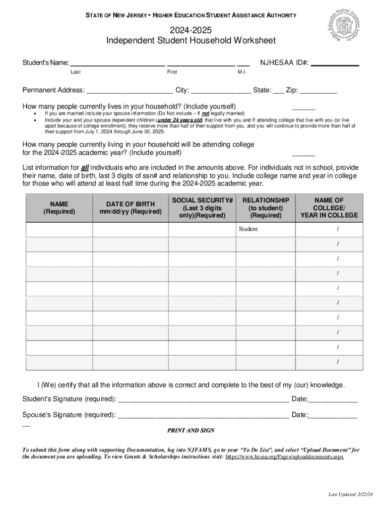 Fillable Online 2024-2025 Independent Student Household Worksheet Fax Email Print - pdfFiller