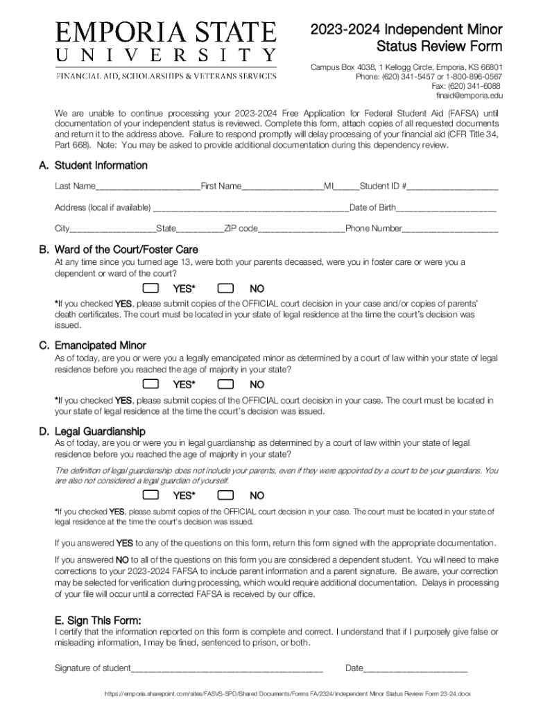 Fillable Online 2023-2024 Independent Minor Status Review Form Fax ...