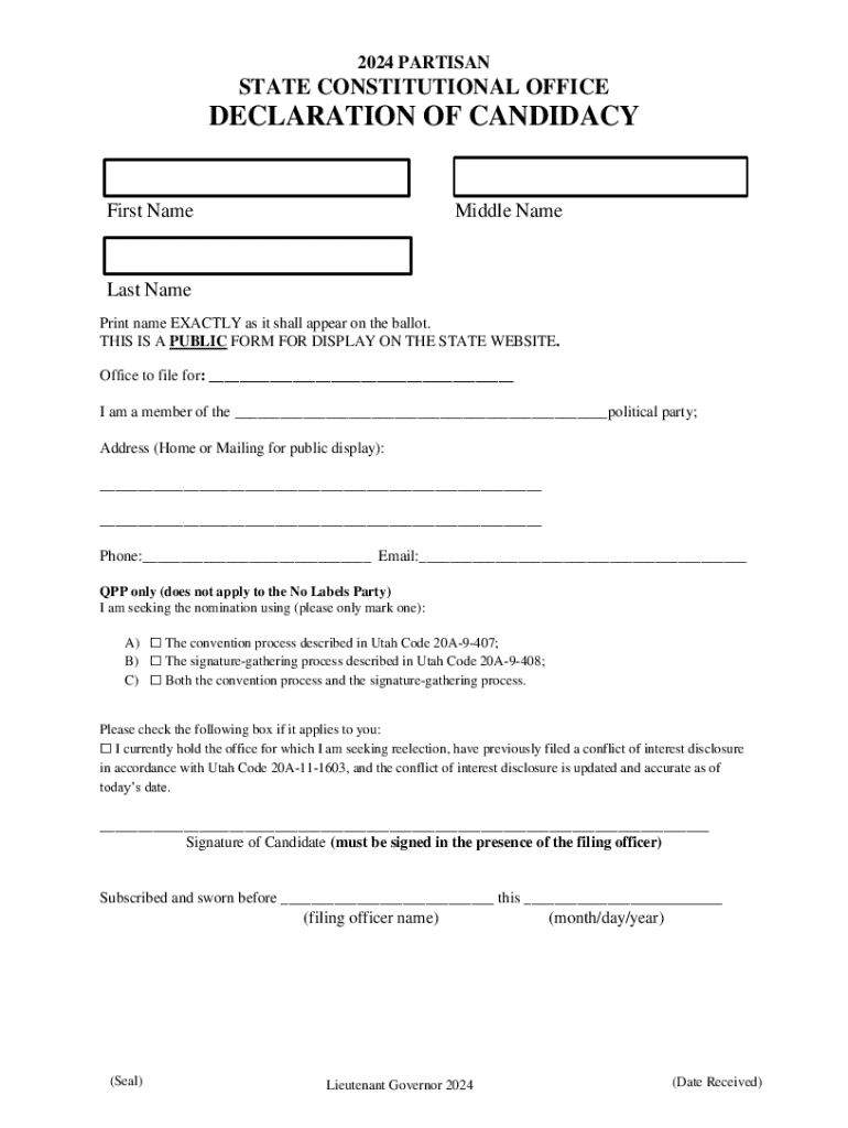 Fillable Online DECLARATION OF CANDIDACY - Utah Voter Information Fax ...