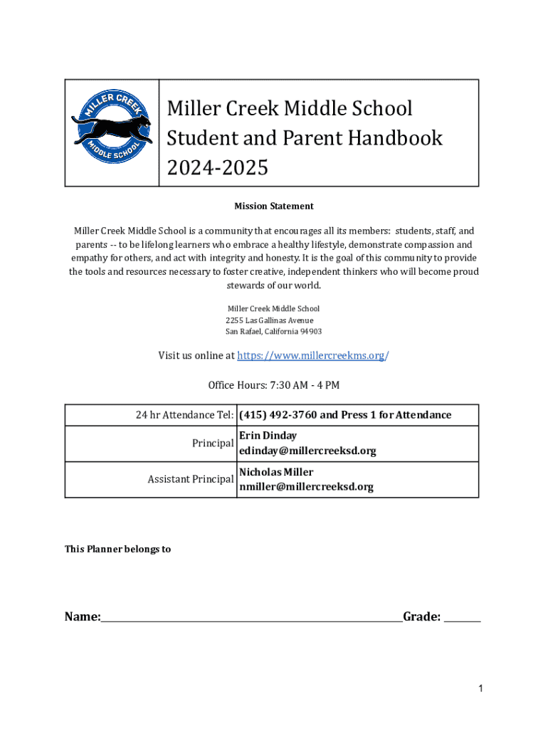 Fillable Online Miller Creek Middle School Student/Parent Handbook ...