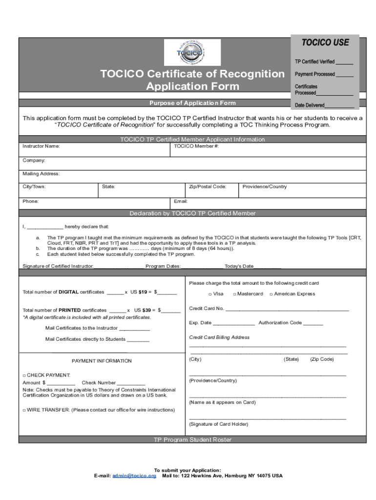 Fillable Online TOCICO Certificate of Recognition Application Form Fax ...