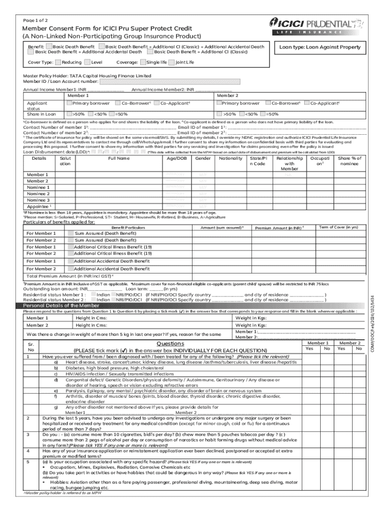 Fillable Online Member Consent Form for ICICI Pru Super Protect Credit ...