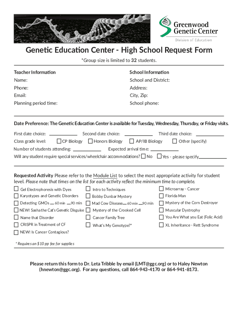 Fillable Online Genetic Education Center - High School Request Form Fax ...